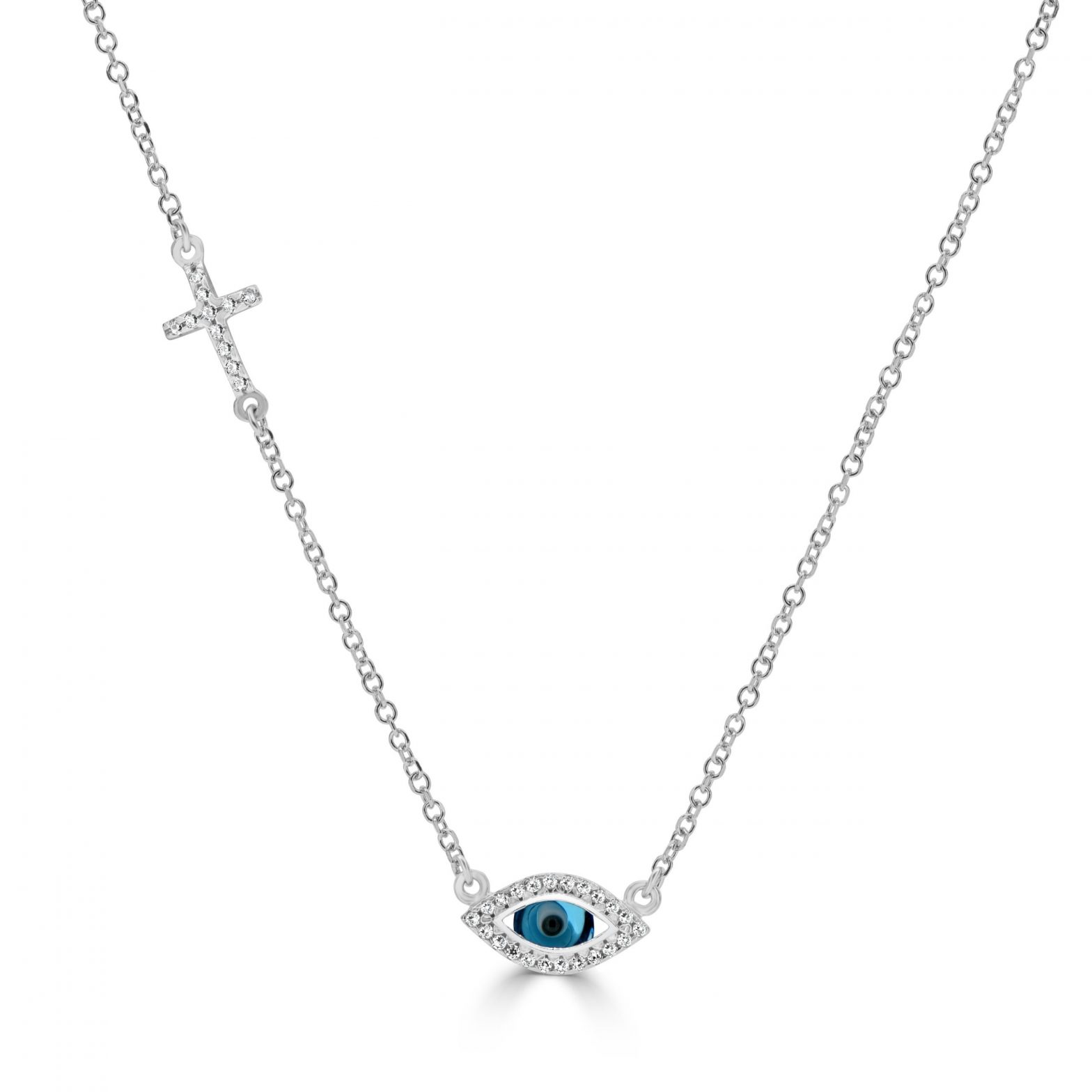 Evil Eye and Cross Chain Diamond Necklace in White Gold