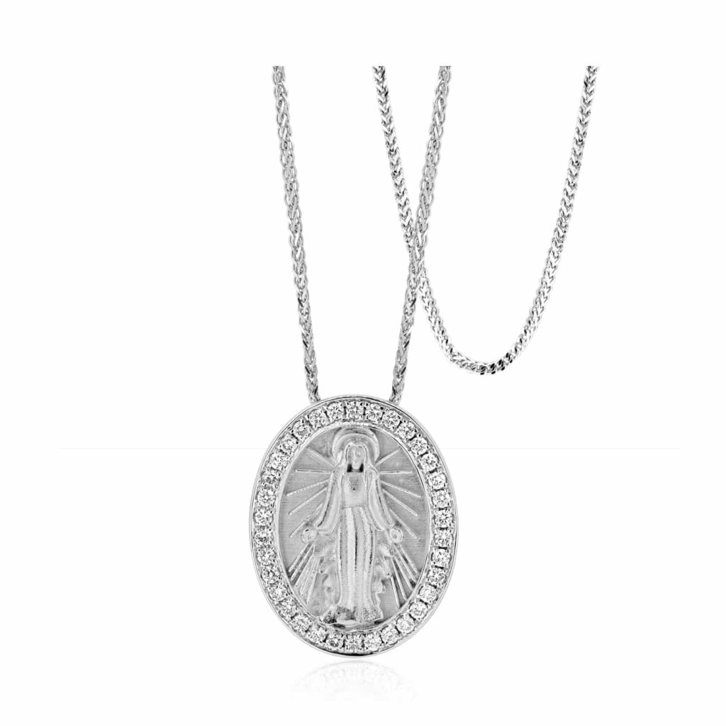 Extraordinary Mary Medallion Pendant in White Gold with Diamonds